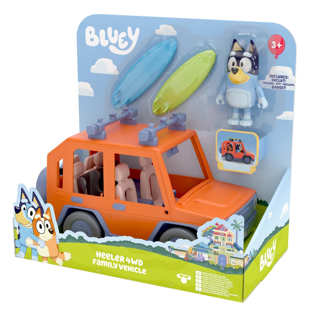 BLUEY Familienauto mit Bluey-Figur und Surfbrettern